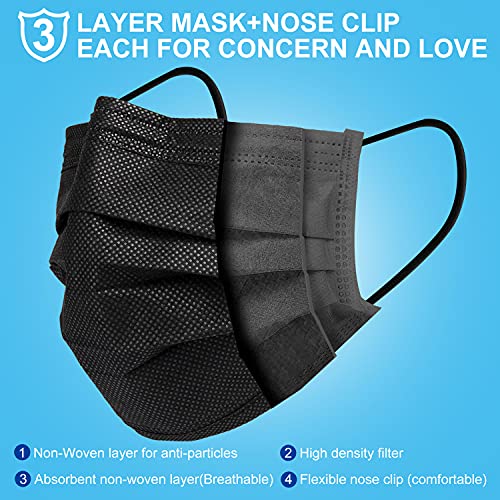 PhiFA 100Packs Black Disposable Face Masks 3 Ply Filter Protection Mask Suitable for Home School Office and Outdoor (Black)