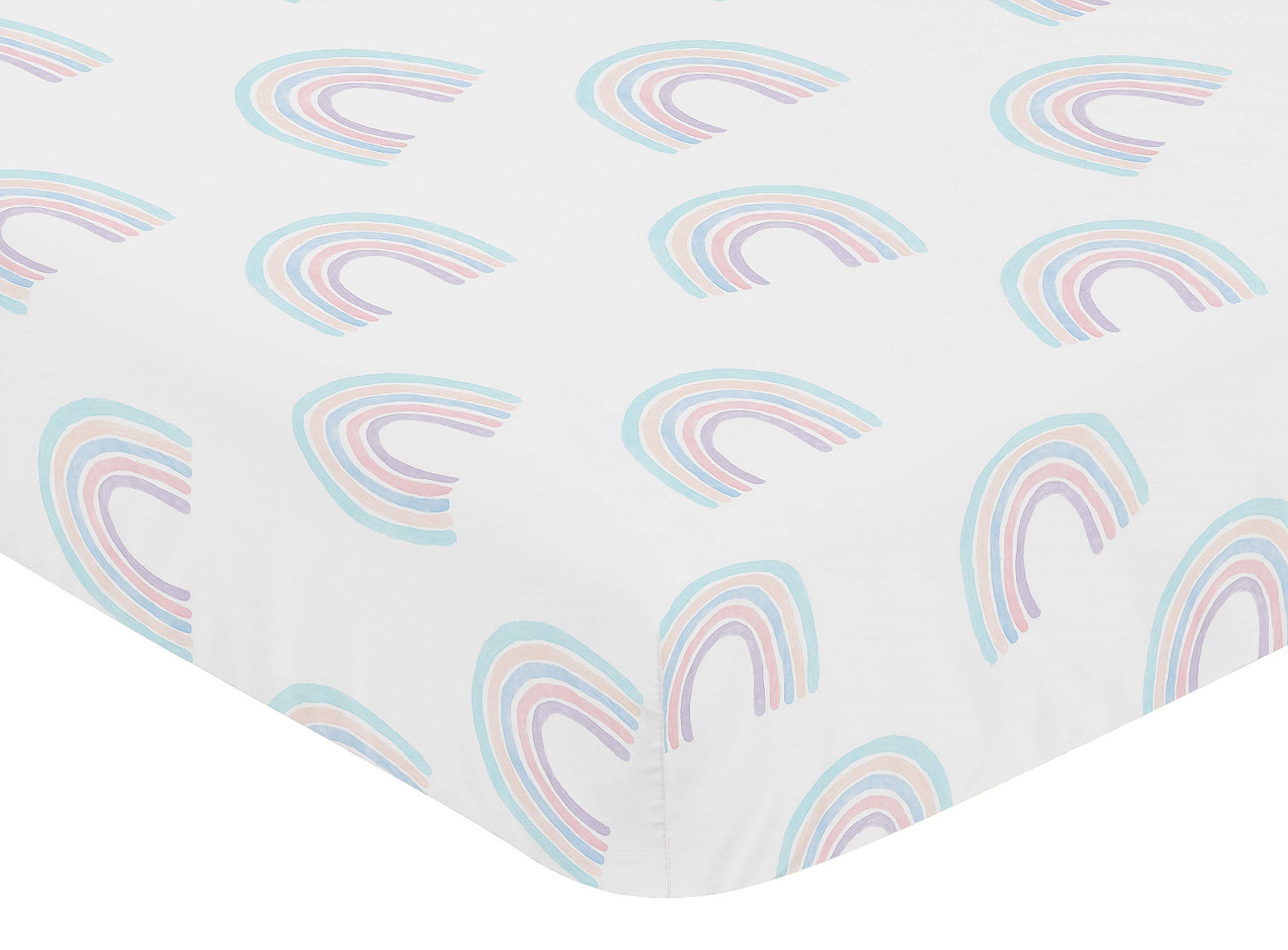 Sweet Jojo Designs Pastel Rainbow Girl Fitted Crib Sheet Baby or Toddler Bed Nursery - Blush Pink, Purple, Teal, Blue and White