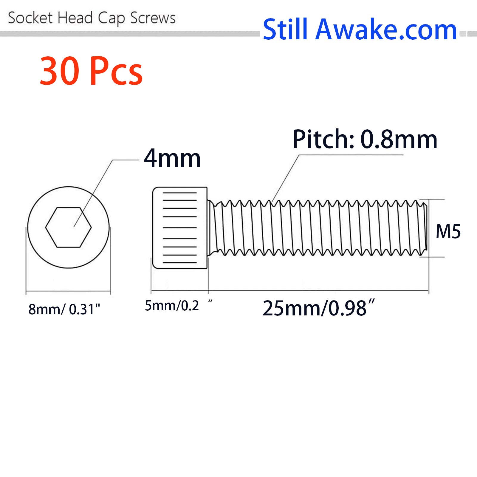 30 Pcs M5-0.8x25mm Stainless Steel Hex Socket Head Cap Screws Bolts Inner Hex Socket Bolt DIN 912