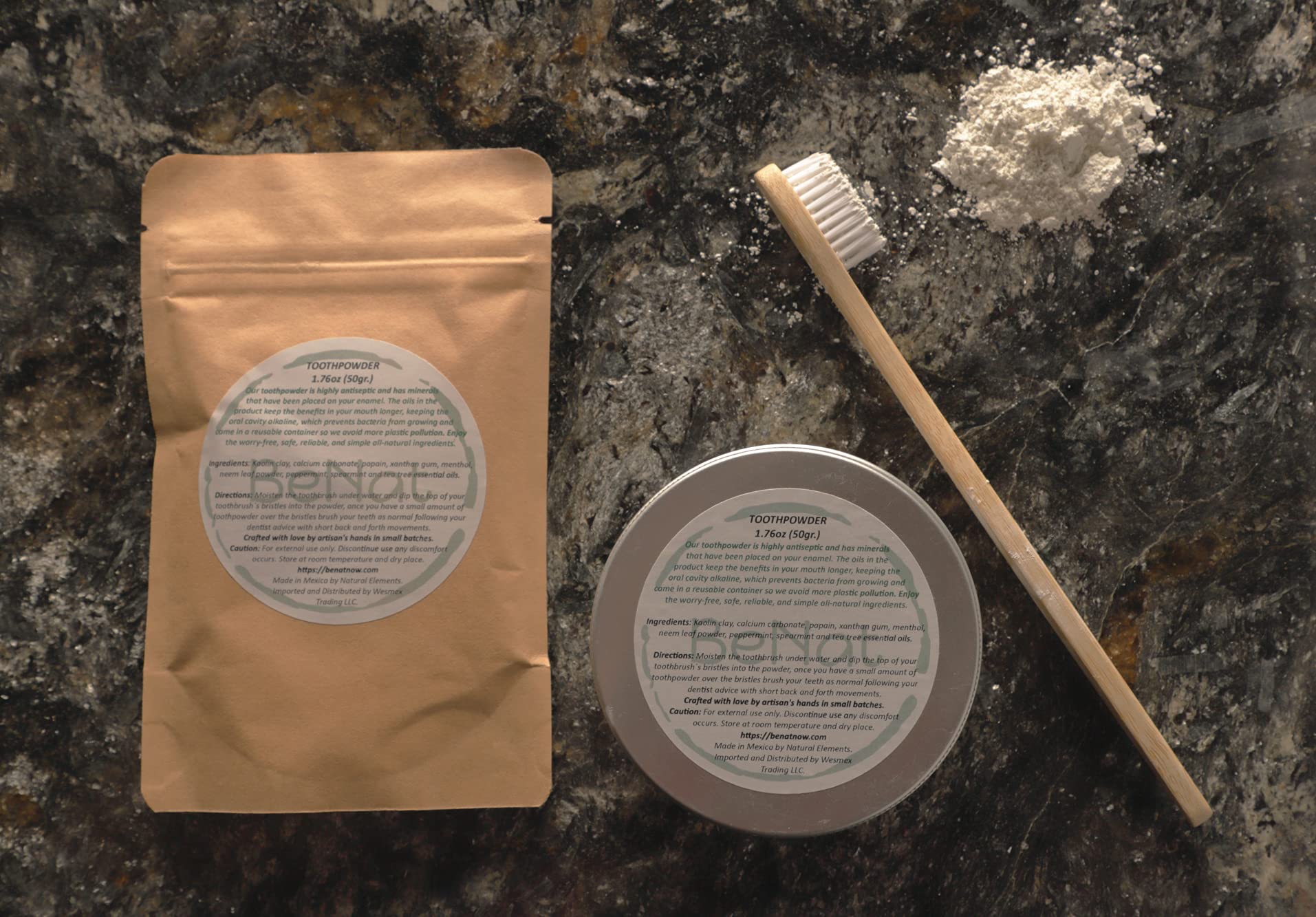 BeNat. Toothpowder Bundle. 3-Pack. Eco-Friendly. All-Natural. (1) Toothpowder in a Reusable Case, (1) Toothpowder Refill, (1) Bamboo Toothbrush.