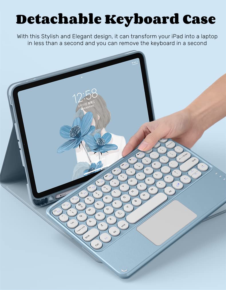 AnMengXinLing 10.2inch Keyboard Case for iPad 9/iPad 8/iPad7 (2021/2020/2019) Touchpad Detachable Keyboard with Pencil Holder Slim Leather Folio Smart Cover for iPad 9/8/7 Generation, Sky Blue