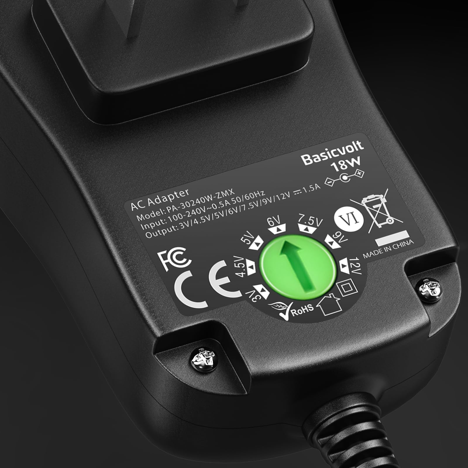 Basicvolt 18W DC 12V Power Supply Universal Power Adapter 3V 4.5V 5V 6V 7.5V 9V 12V 1A 1.5A AC DC Power Cord for LED Strip Light Router Speaker CCTV Camera Tablet and More Household Electronics
