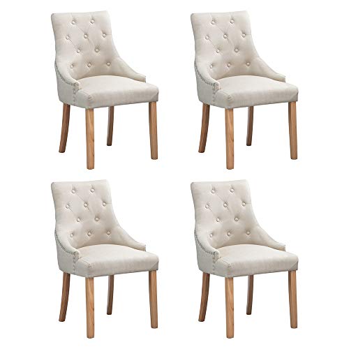 Ansley&HosHo 4 Dining Chair with Arms Modern Tufted Upholstered Accent Chair Dining Set Solid Wood Legs Living Room Armchair Side Chair for Home Kitchen Dining Receiving Restaurant Nailed Trim, Beige