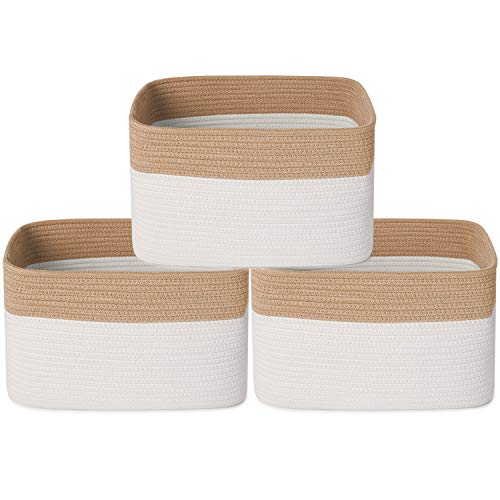 ANMINY 3PCS Woven Cotton Rope Storage Baskets with Handles Large Washable Basket Set Decorative Storage Bins Boxes Blanket Clothes Towel Laundry Organizer Containers - White/Brown