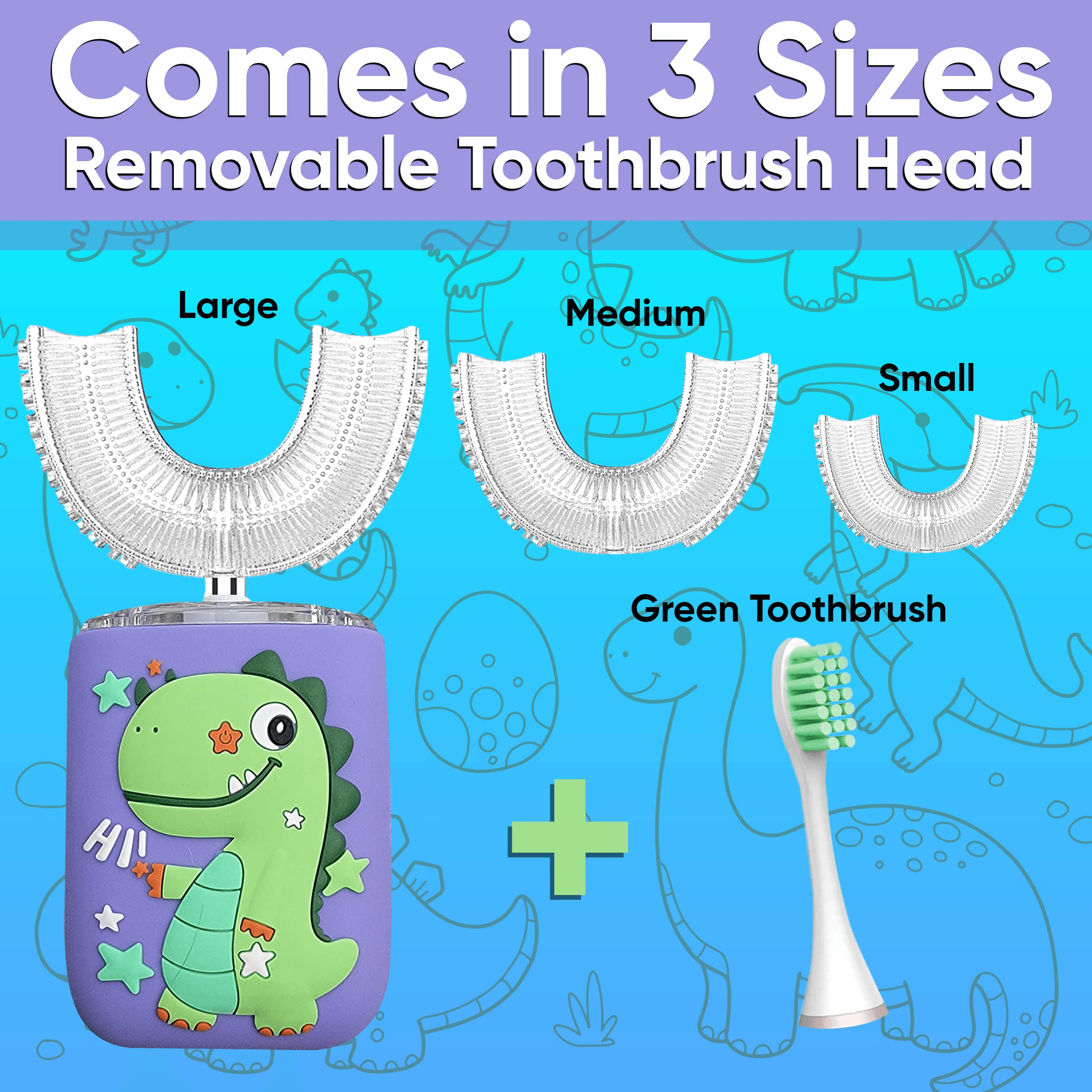 BubblezKidz – Kids Electric Toothbrush – U Shaped Dinosaur Cartoon – Ultra Sonic 6 brush Cleaning Modes w/ Smart Timer – Ages 2-18 Years Old – IPX7 Waterproof, Rechargeable, With Stickers (Dinosaur)