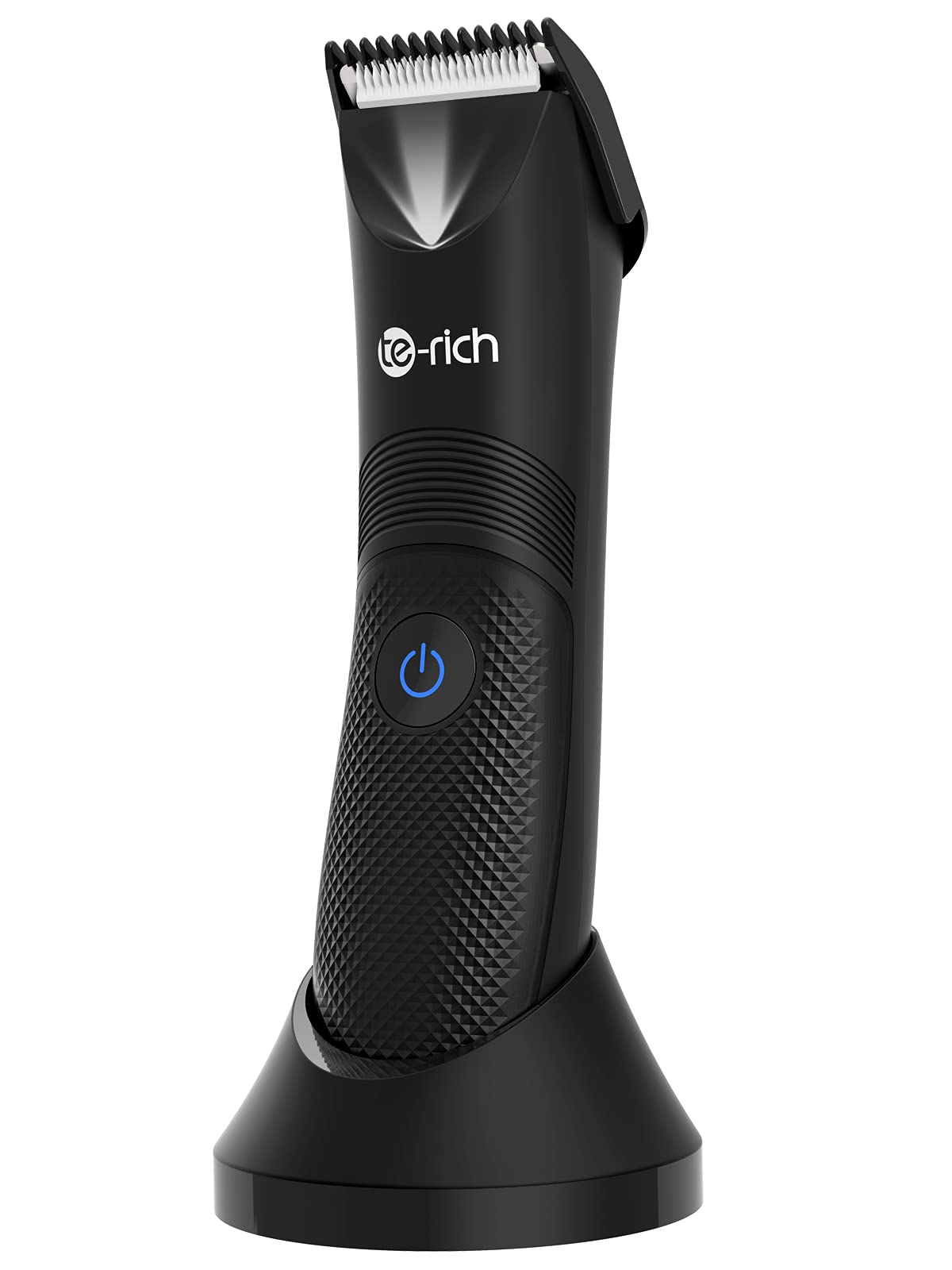 Te-Rich Body Groin Hair Trimmer for Men, Replaceable Ceramic Blade Heads, Waterproof Wet & Dry Clippers, LED Light and Standing Dock, Ultimate Male Hygiene Razor and Electric Body Shavers for Balls