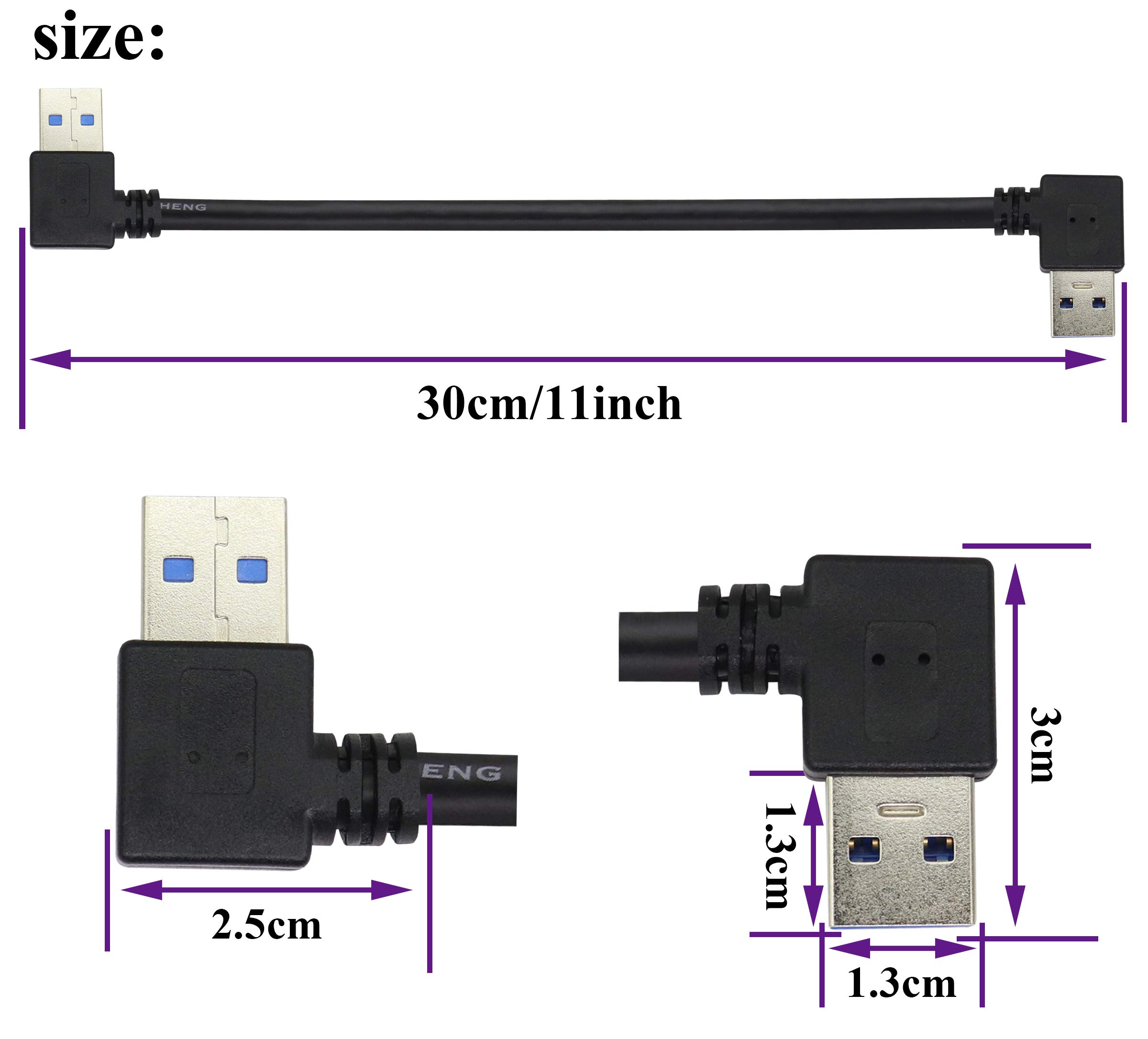 AAOTOKK 90 Degree USB 3.0 A Extension Cable Left & Right Angle USB 3.0 Type A Male to Male Charging and Data Transfer Cable for Hard Drive,Printers,Cameras,Mouse,Laptop Cooler(0.3M/1ft-Black)