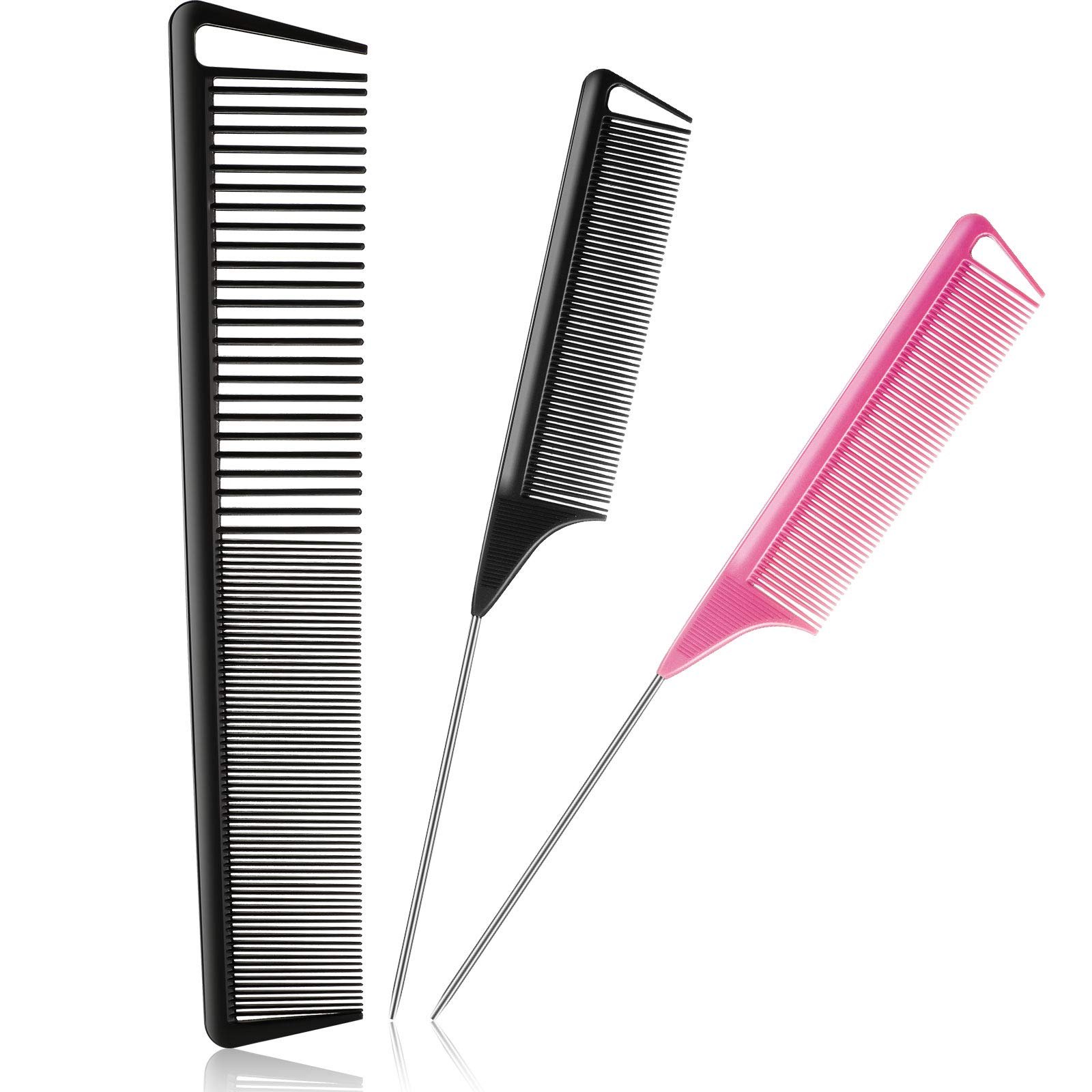 3 Pieces Carbon Fiber and Stainless Steel Hair Combs Set - Pintail, Teasing, and Parting Combs with Wide and Fine Teeth for Braids, Hair Salon, and Home Use, Black