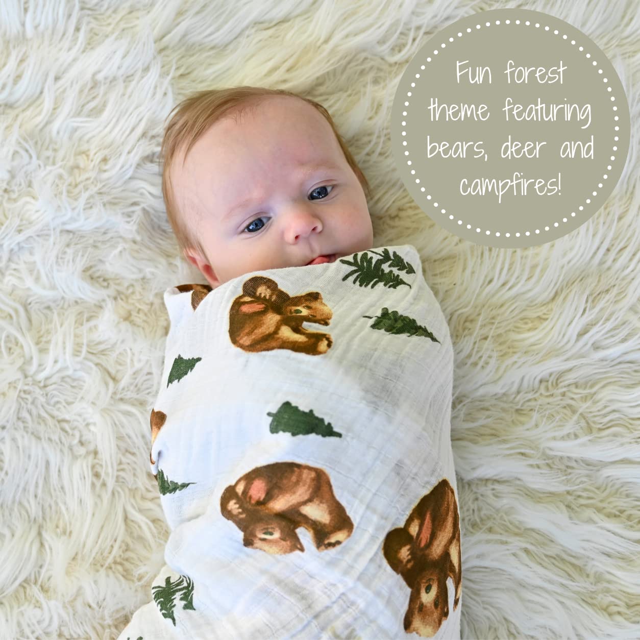 LollyBanks 100% Cotton Muslin Swaddle Forest Baby Blanket Set, Deer, Bear, and Pine Tree Pattern | Boy Receiving Blankets Pack of 3 Breathable Security Swaddles