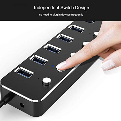 SHYPT Aluminum 7-Port USB 3.0 Hub 120cm Cable Sub-Control Switch 5Gbps LED Indicator HUB Chargeable Splitter for Multi USB Devices (Color : Silver)