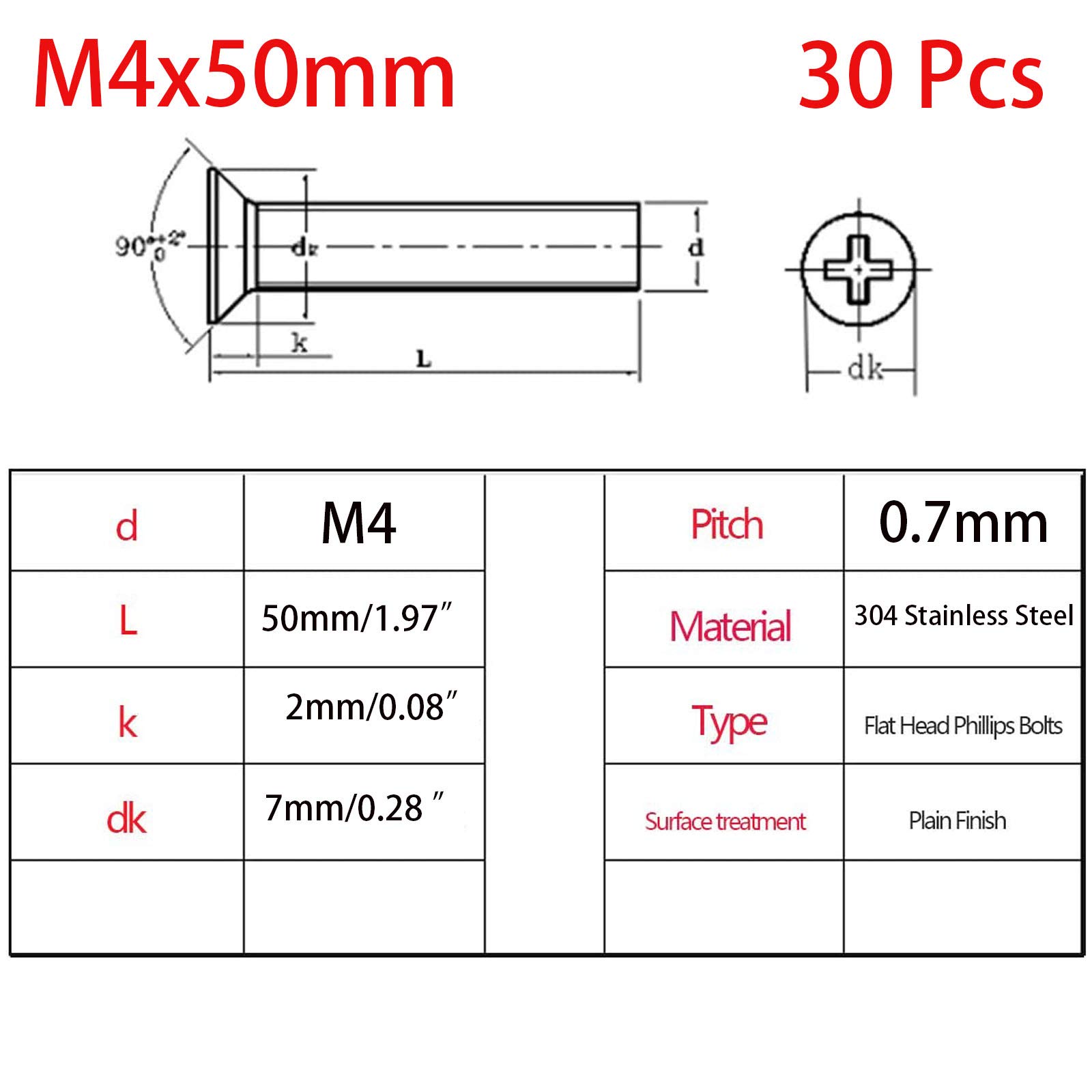 30 Pcs M4-0.7x50mm Flat Head Machine Screws, Phillips Cross Screw, Phillips Drive,304 Stainless Steel, Fasteners Bolts,Countersunk Machine Screws