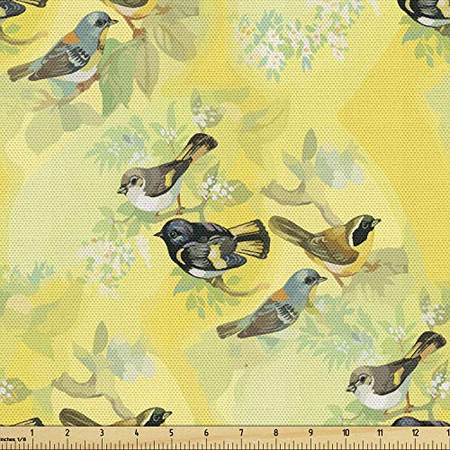 Ambesonne Bird Fabric by The Yard, Little Birds on Spring Branches in Watercolor Style Repetitive Pattern, Decorative Fabric for Upholstery and Home Accents, 1 Yard, Yellow and Multicolor
