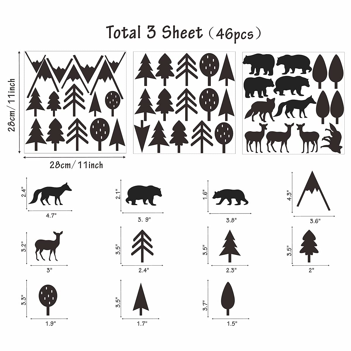 IKEYU Woodland Animals Wall Stickers Mountain Tree Wall Decals Black Vinyl Jungle Stickers Forest Animals Wall Decals for Kids Room Nursery Bedroom Decor