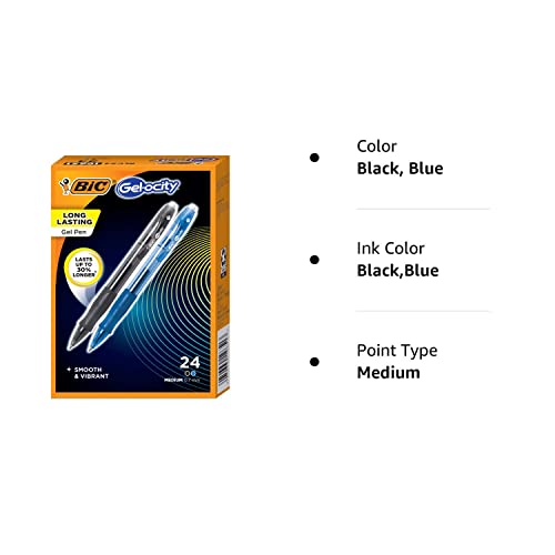 BIC SUPER SMOOTH Gel-ocity gel pens, Bulk Pack Of 24 Ink Pens, 12 Black And 12 Blue Retractable Gel Pens, Medium Point 0.7 mm, 24-count