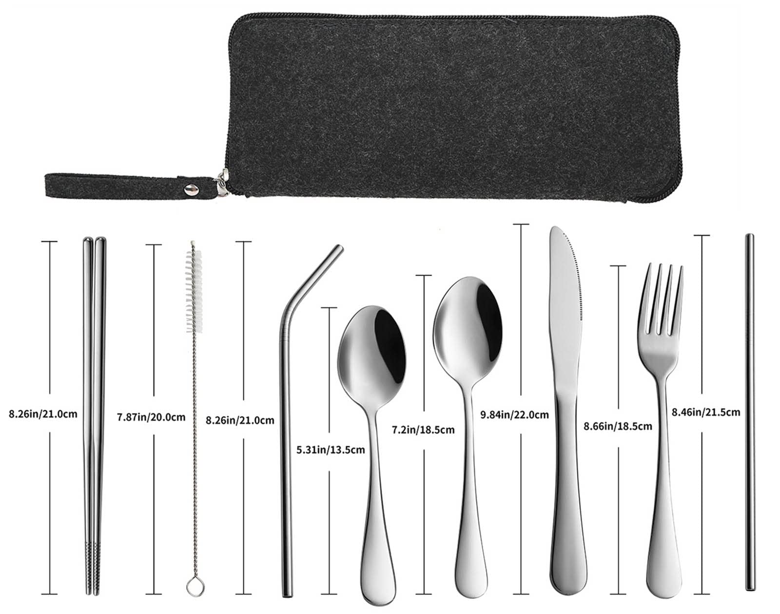 VANDBAO Portable Travel Utensils, Reusable Silverware with Case for Fixing Tableware, 9 Pieces Stainless Steel Stable Flatware Set, Camping Picnic Cutlery Set (Silver Set)