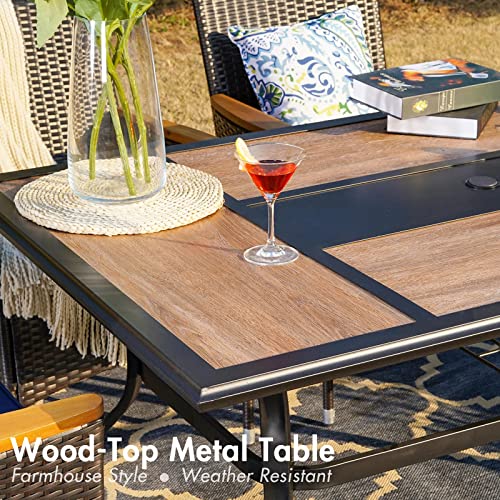 PHI VILLA 7 Piece Outdoor Dining Table Set, 61"x37" Rectangular Dining Table with Wood Top & 1.56β Umbrella Hole and 6 Metal Chairs for Patio, Deck