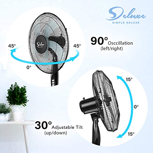 Simple Deluxe Oscillating 16″ 3 Adjustable Speed Pedestal Stand Fan with Fan Dust Cover for Indoor, Bedroom, Living Room, Home Office & College Dorm Use, 16 Inch, Black