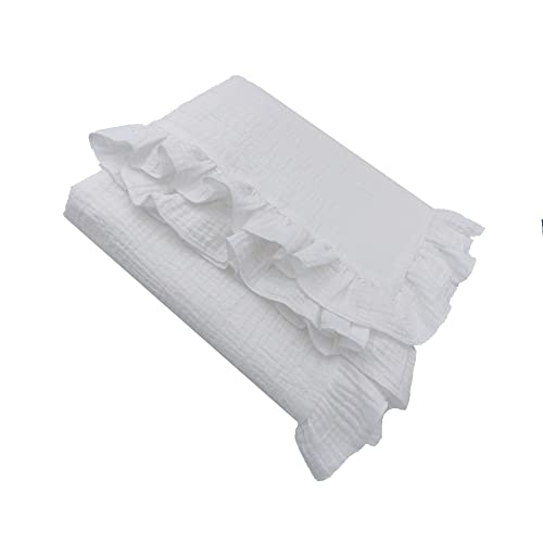 JH-YiSheng Cotton Ruffle Baby Blanket 2layers, Baby Muslin Swaddle Blankets, Infant Toddler Soft Reversible Throw Blanket,Crib Blanket with Solid Color 35 Inchesx35 Inches (White)