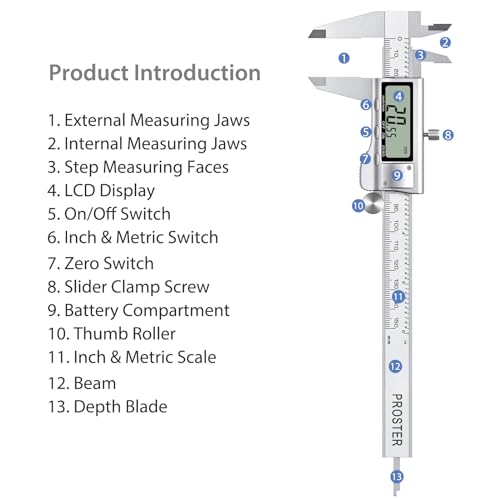 Proster 150mm 6inch Digital Vernier Caliper Stainless Steel Electronic Caliper Fractions/Inch/Metric Conversion Measuring Tool for Length Width Depth Inner Outer Diameter