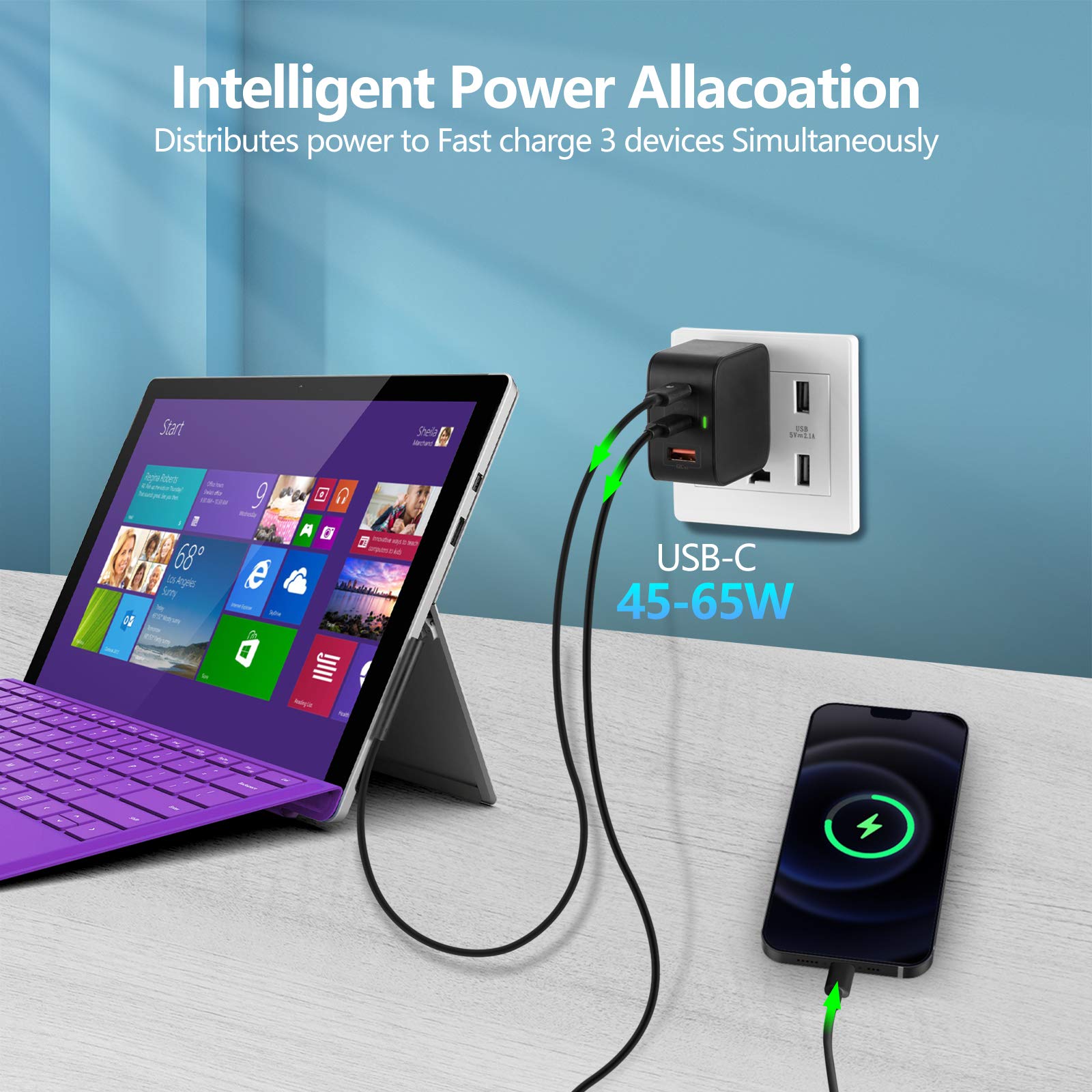 65W GaN USB C PD 3.0 QC 3.0 Charger, Surface Pro Mini Travel Charger for Surface Pro 3/4/5/6/2017/Surface Go/Surface Laptop/Surface Book Power Adapter Battery Supply Type C Wall Charger