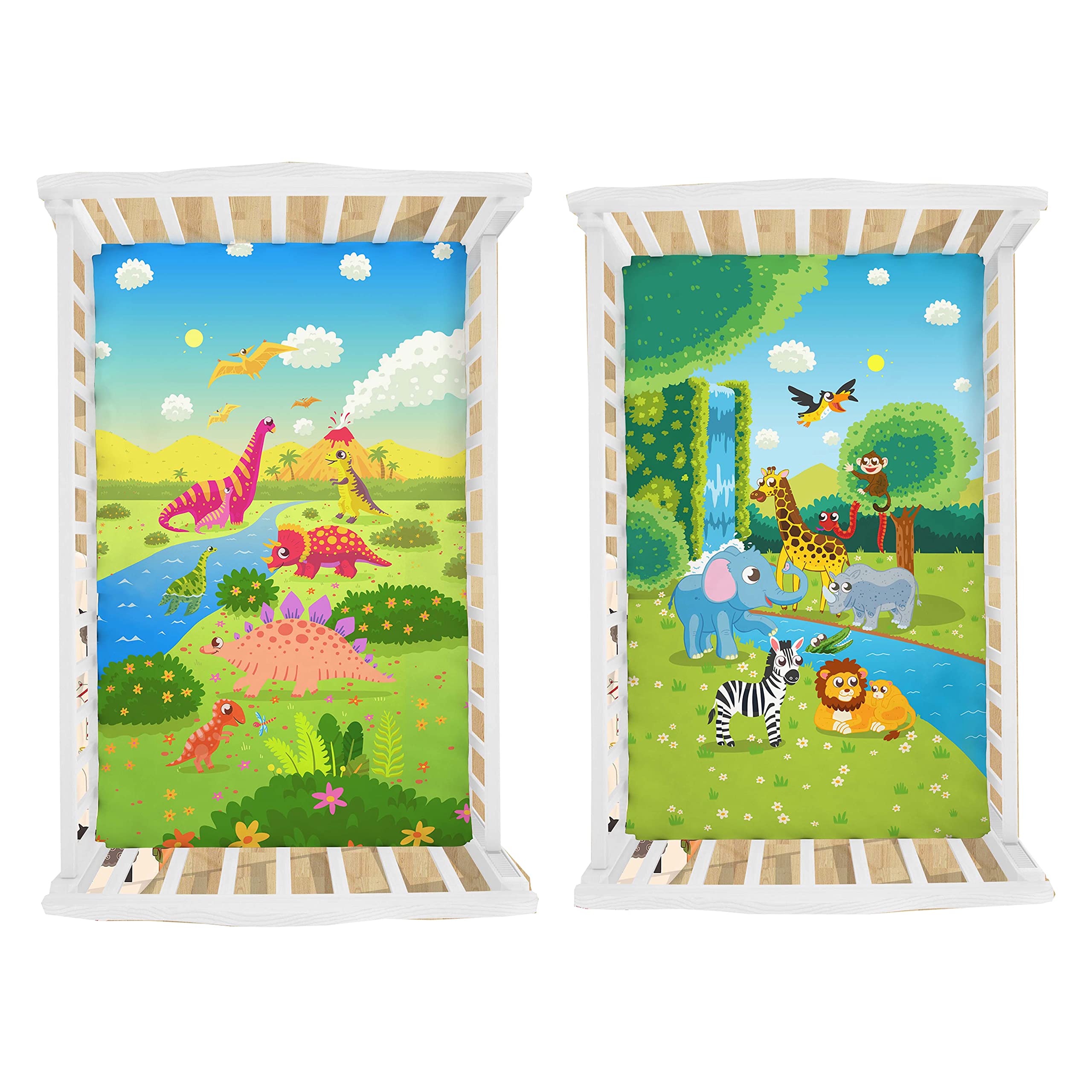 Baby Fitted Crib Sheet Bedding for Girls and Boys 2 Pack in Animal Print Nursery Fitted Standard Baby/Toddler Mattress Sheets (Jungle & Dinosaurs)
