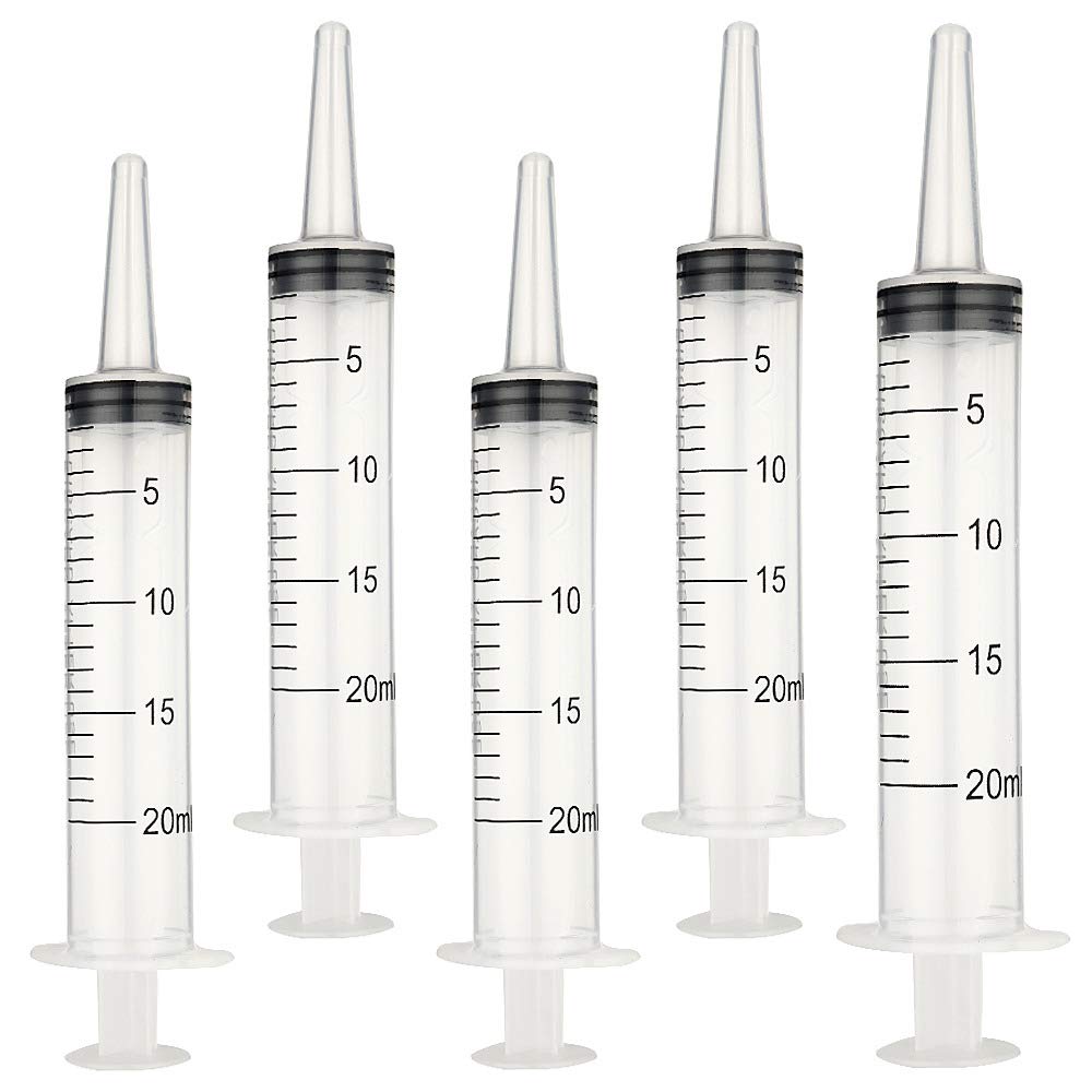 5 Pack 20 ml Large Plastic Syringe, Oil or Glue Applicator, No Needle, for Scientific Labs and Dispensing Multiple Uses Syringes Tools, for Refilling and Measuring Liquids Feeding Pets