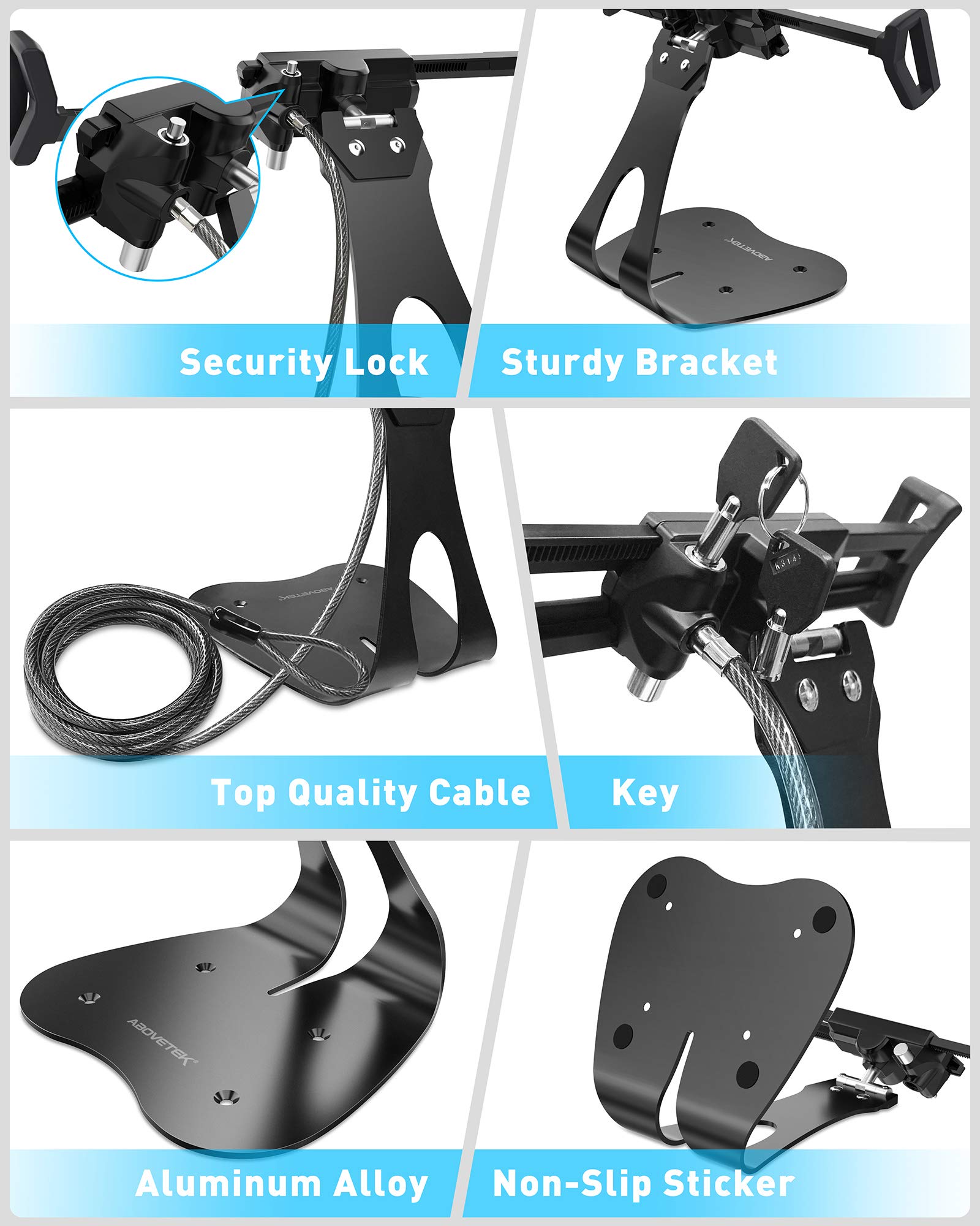AboveTEK Anti-Theft iPad Stand, Universal Security POS Tablet Stand, Diagonally-Oriented iPad Locking Mount for 7-13 inch iPad, Galaxy with Security Cord and Key, 360° Swivel for Business and Retail