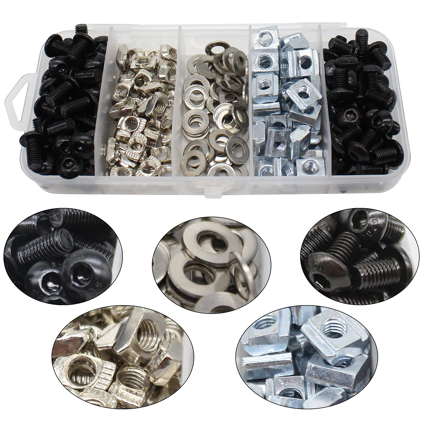 BLCCLOY 200Pcs M5 Black 20 Series T Slot Nuts and Bolts Screws Kit for 2020 Aluminum Extrusion Profile, 40Pcs M5x10, M5x8 Hexagon Socket Screws, 40Pcs M5 T Sliding Nut, Drop in T Nut, 40Pcs Washers
