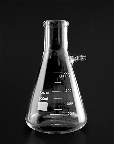 QWORK Filtering Flask with Upper Tubulation, 500ml Heavy Duty Borosilicate Glass Conical Shape Filtering Flask Narrow Mouth and Top Finish with Integral Side Arm, Single
