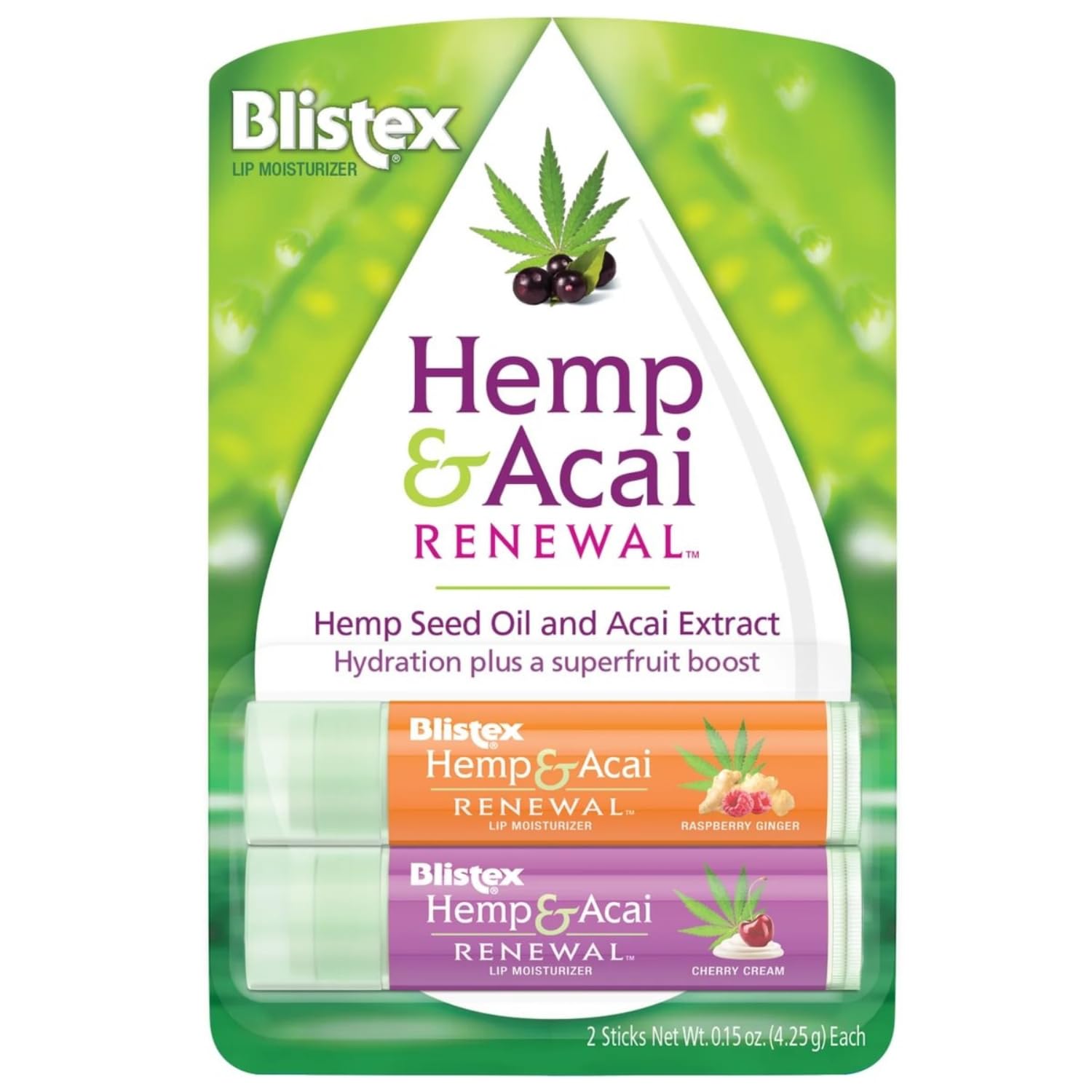Blistex Hemp & Acai Renewal Lip Balm, 0.30 Ounce, 2 Count â€“ Raspberry Ginger & Cherry Cream, Moisturizing Lip Balm, Super Fruit Benefits, Nourishes & Conditions Lips