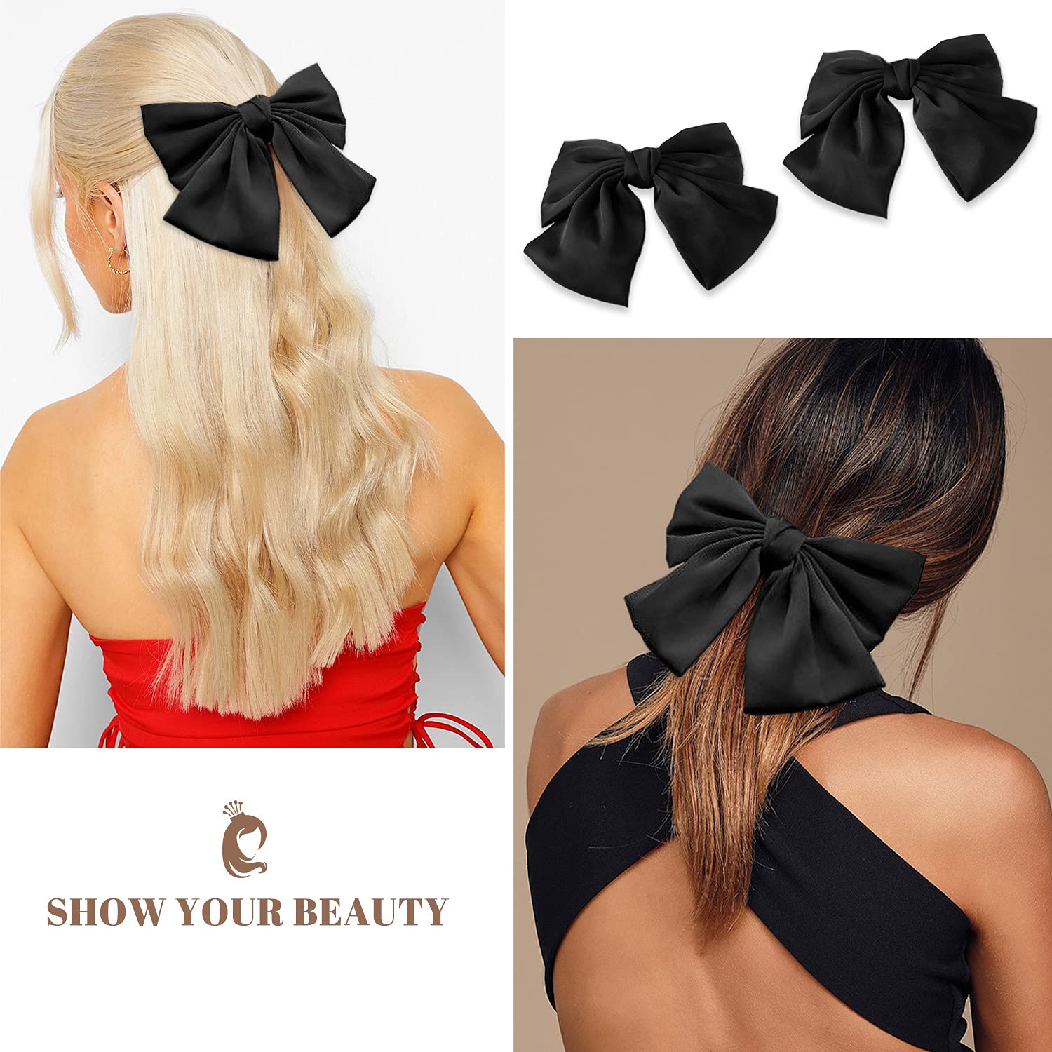2 Pcs Large Hair Bow Clip Alligator Clips Hair Accessories for Women Girl (Black)