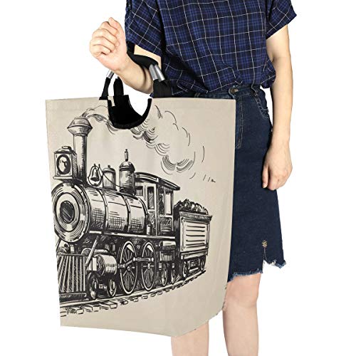 AUUXVA Laundry Basket Vintage Steam Locomotive Train Laundry Hamper with Handles Large Storage Clothes Toys Collapsible Laundry Bag for Bathroom Office Bedroom
