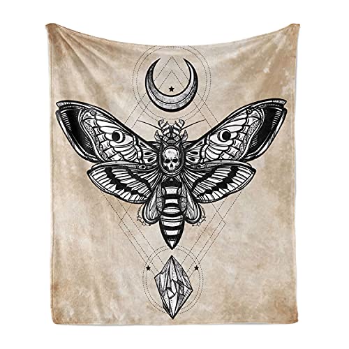 Ambesonne Fantasy Throw Blanket, Dead Head Hawk Moth Luna and Stone Magic Skull Illustration, Flannel Fleece Accent Piece Soft Couch Cover for Adults, 50" x 70", Black Beige