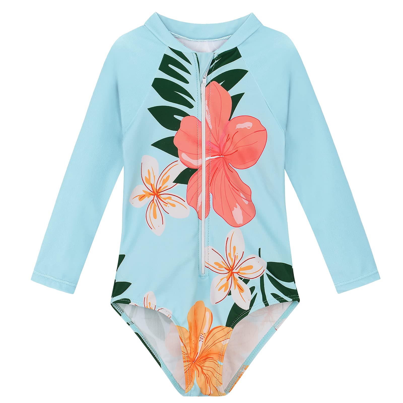 Baby Girl Swimsuit One Piece Bathing Suits for Girls Long Sleeve Toddler Girl Rash Guard Swimwear 2-3 Years Blue Floral