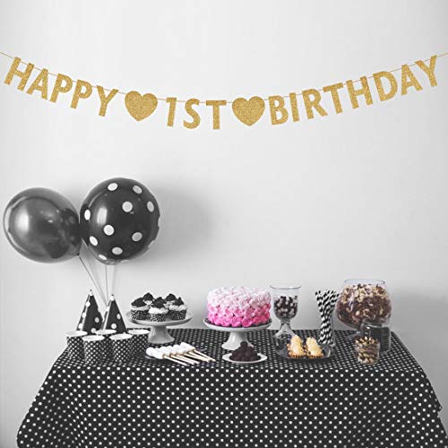 Gold Happy 1st Birthday Banner, Glitter 1 Years Old Boy or Girl Party Decorations, Supplies
