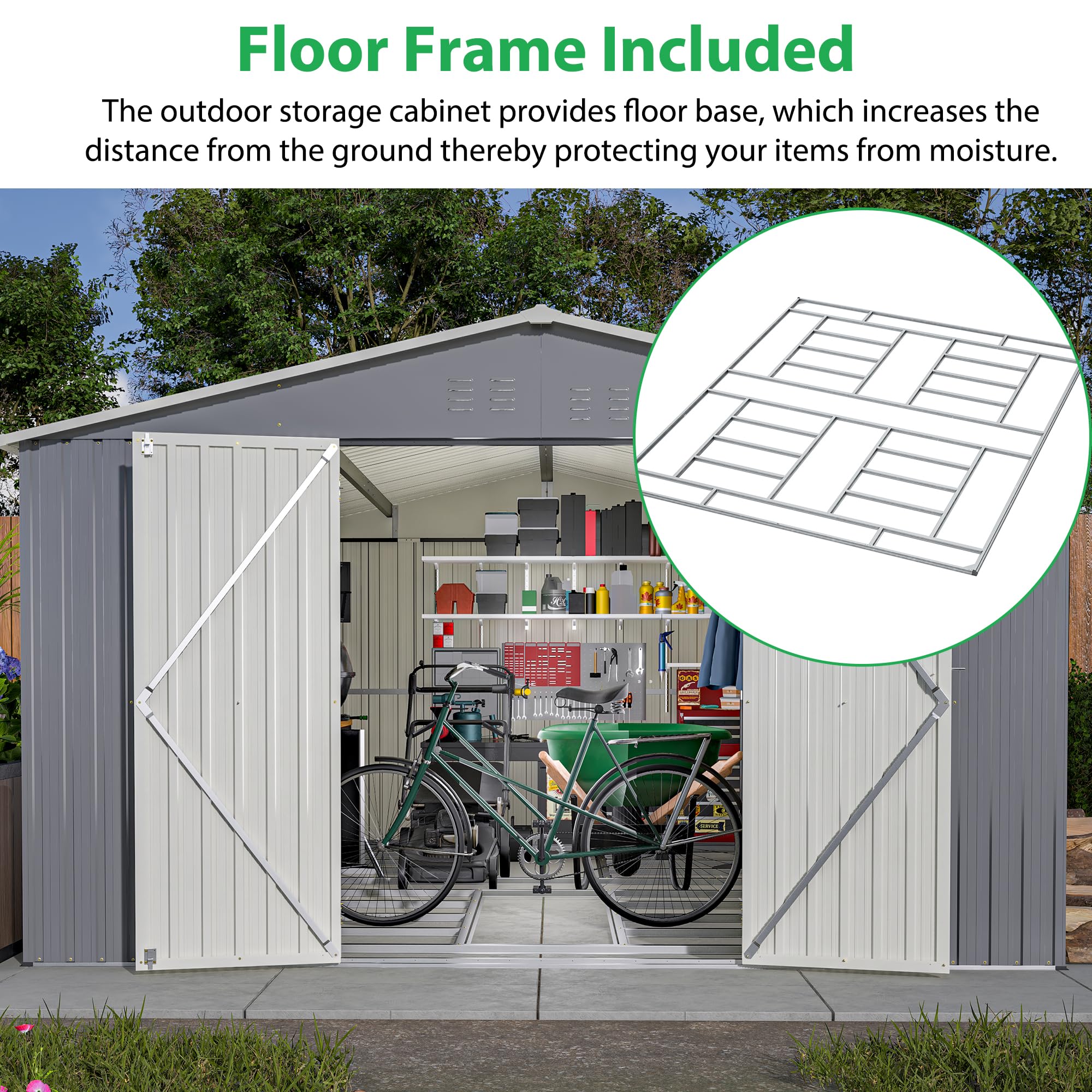 11' x 13' Outdoor Metal Storage Shed with Floor Frame Base, Galvanized Steel Garden Shed with 4 Vents, Tool Storage Shed for Backyard, Patio, Lawn