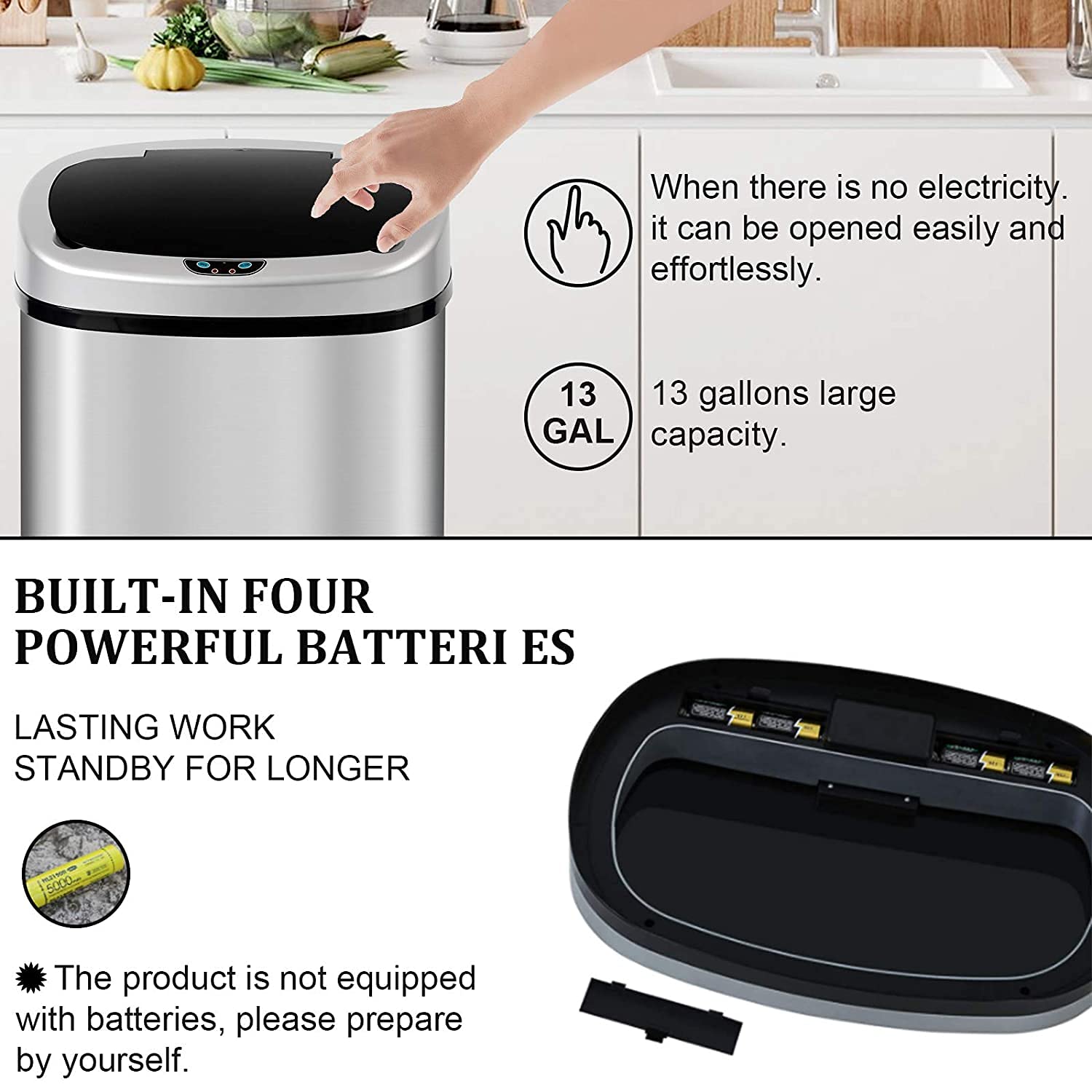 13 Gallon Trash Can Kitchen Garbage Can, Touch-Free Automatic Stainless Steel Trash Can with Lid Oval Shape Garbage Bin 50L High-Capacity Metal Trash Can for Bathroom Bedroom Home Office, Sliver