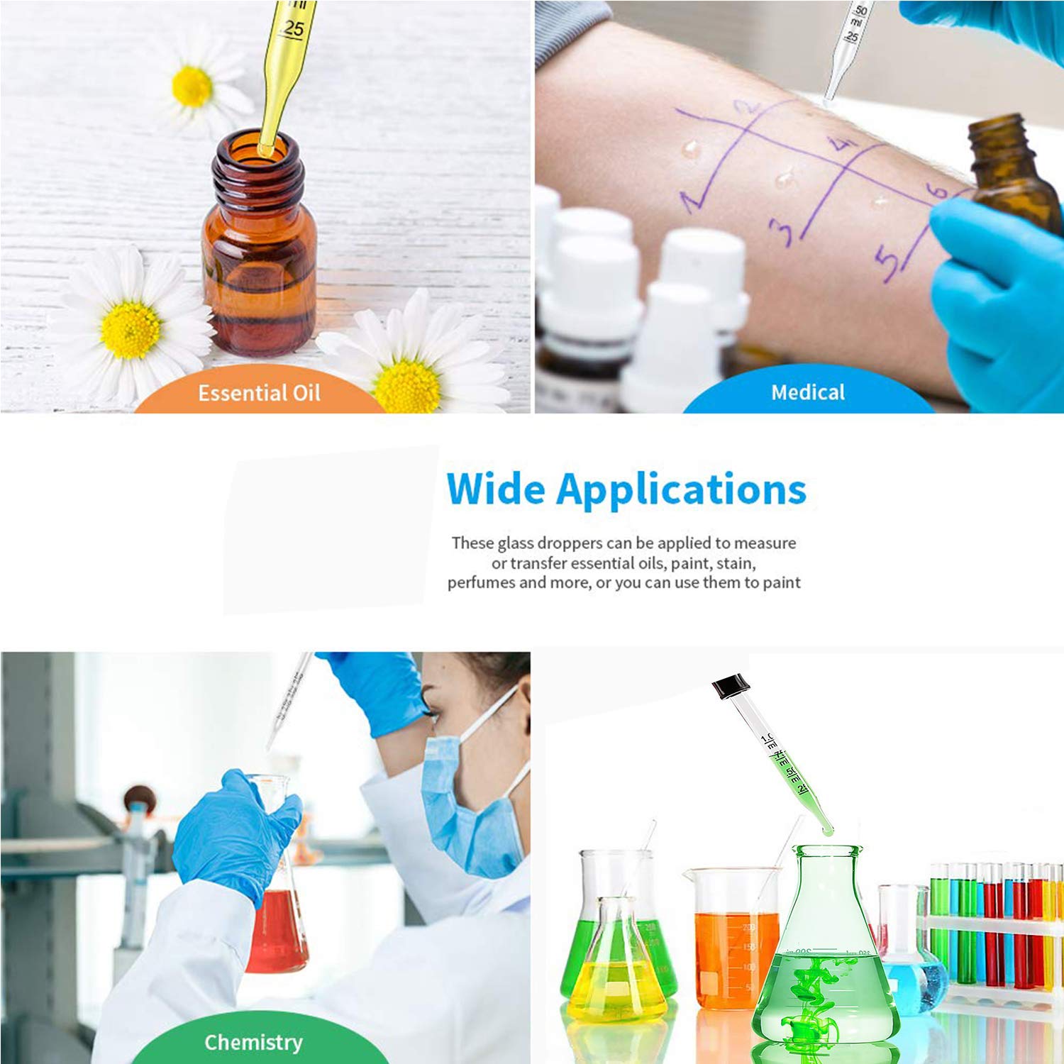 20pcs 1ml Glass Dropper,Essential Oil Dropper Pipette, Straight-Tip Calibrated Glass Medicine Dropper.