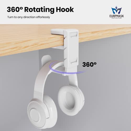 3-in-1 PC Gaming Headphone & Controller Holder - EURPMASK Headphones Hanger w/Adjustable & Rotating Arm Clamp,Headphone Stand Under Desk, Universal Headset Controllers Hook with Cable Organizer-White