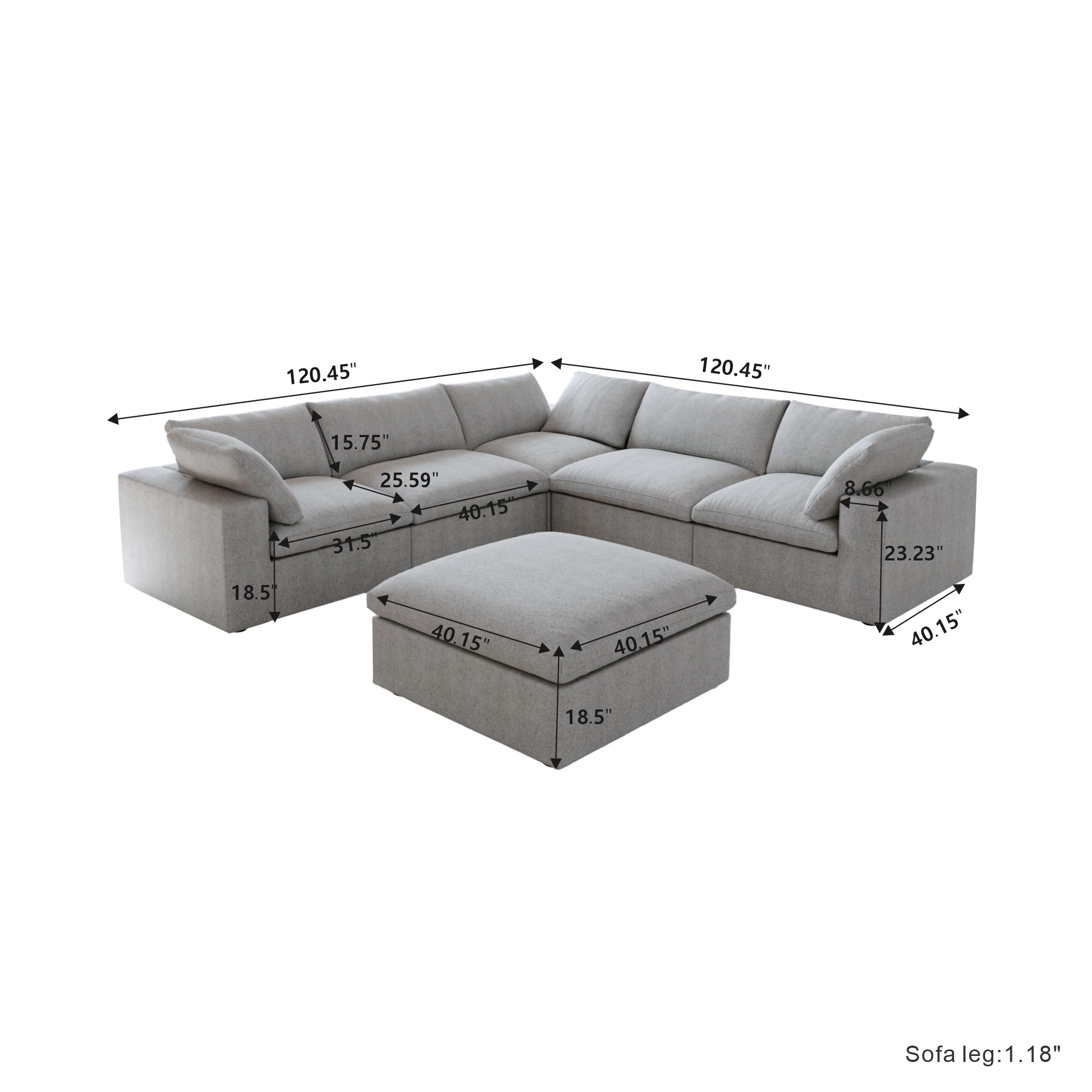 160.6" Cloud Modular Sectional Sofa with Thick Cushion,Down Filled Comfort V Shaped Sofa Couch for Living Room,Minimalist Wide Deep Seat Convertible Couches,4 Seater & 1 Corner+1 Ottoman