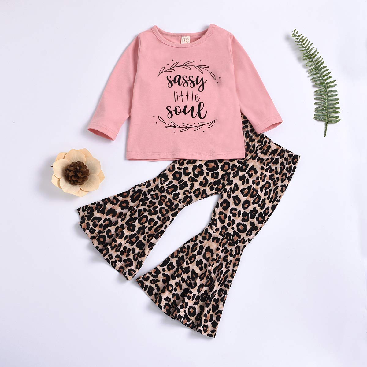 Toddler Baby Girls Letter Outfits Set Long Sleeve Tops + Leopard Bell Bottom Pants Autumn Clothes (Pink, 18-24 Months)