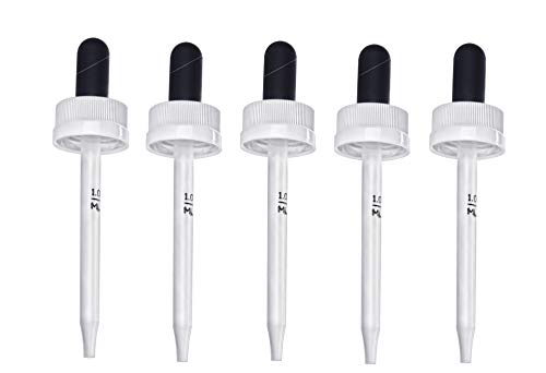 Plastic Eye Dropper 1ml Graduated. 20/400 Neck Finish with Fine-Ribbed Child Resistant White Closure and a Black Bulb. 3 5/16” Pipette Tapered 7mm x 90mm. Pack: (5)