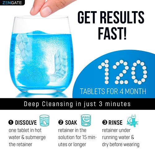 Retainer Cleaner - Denture Cleaning Tablets - Formulated in USA - Clean Mouth Guard, Aligner, Night Guard in 3 Minutes - 120 Tabs Big Pack - 4 Month Supply - Dental Cleanser for Teeth Appliances