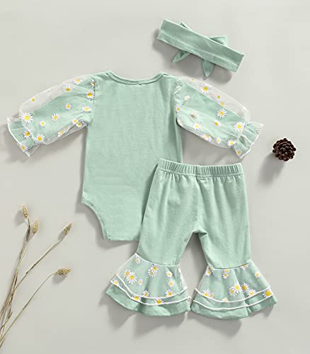 Baby Girls Bell Bottoms 3Pcs Daisy Outfits Mesh Patchwork Playsuit Flared Pants Headband (Green, 6-12 Months)