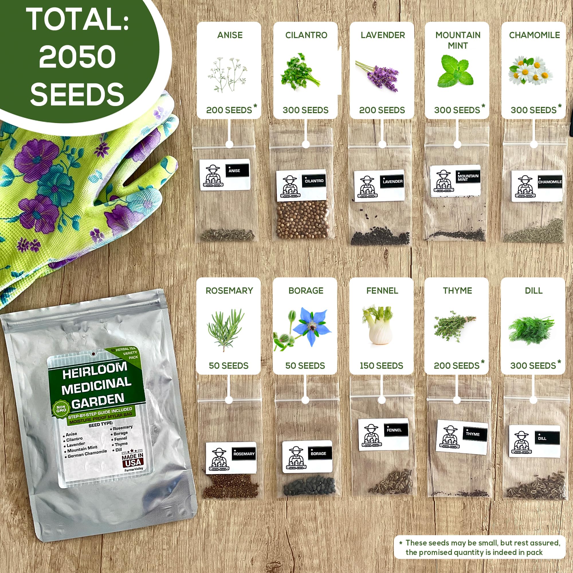 10 Medicinal Herb Seeds - Heirloom, Non GMO, USA Made - 2050 Most Needed Herbal and Medical Tea Seeds Pack for Planting Indoors and Outdoors - Lavender, Mountain Mint, Chamomile & More