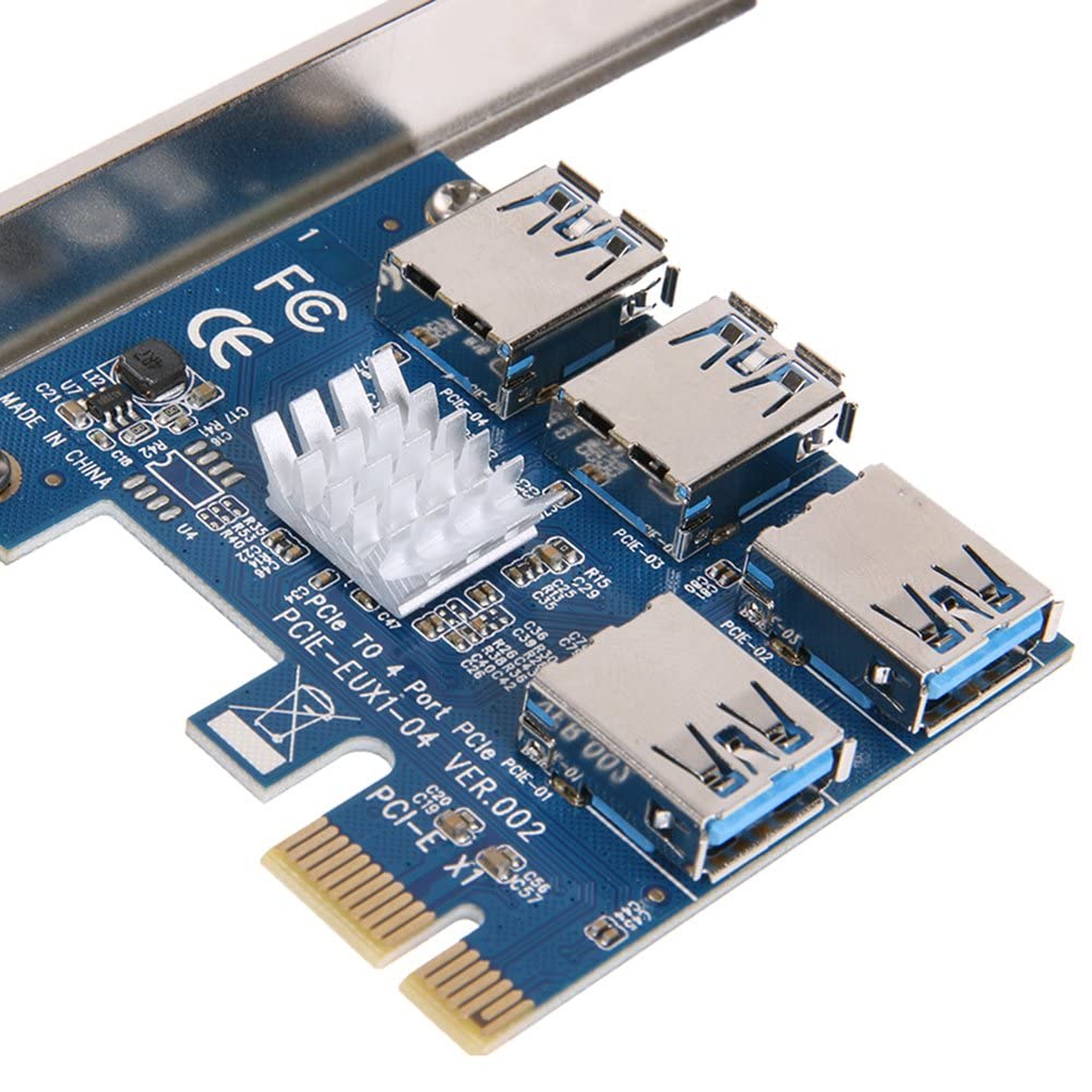 JMT PCI-E 1x to 16x Riser Card PCI-Express 1 to 4 Slot PCIe USB3.0 Splitter 1 to 4 Adapter GPU Riser Card for BTC Bitcoin Miner Mining (PCIE 1 to 4USB Card Blue)