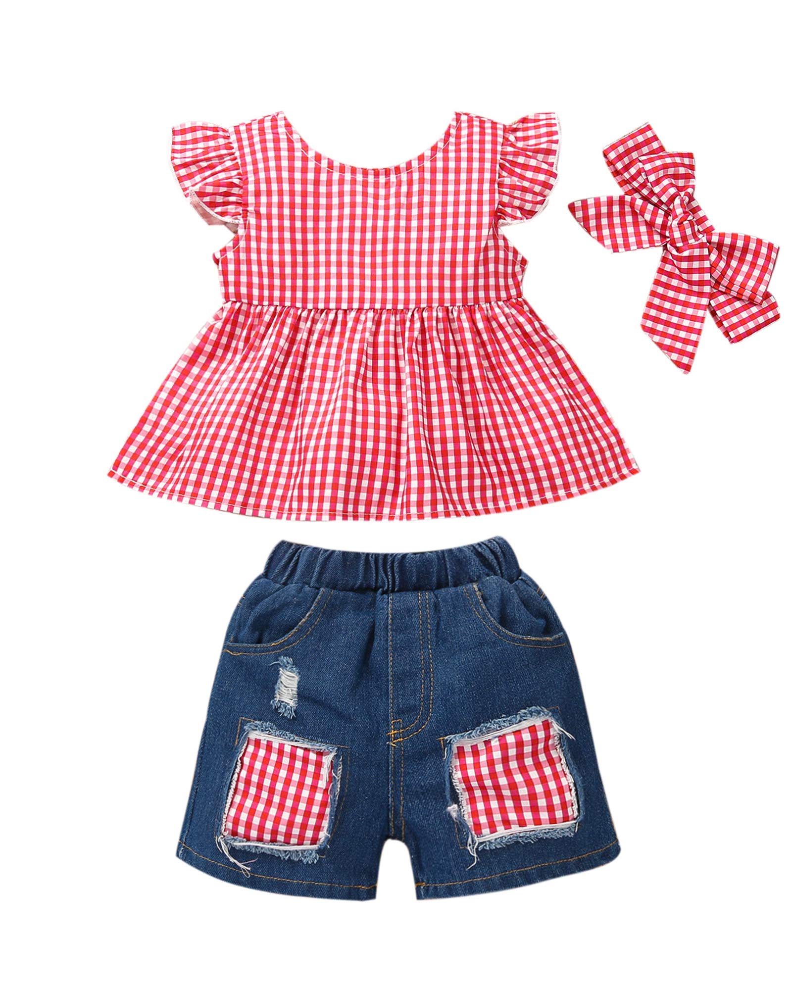 Baby Girls Summer Short Outfits Ruffle Floral Short Sleeve+Ripped Patchwork Denim Shorts Pants with Headband 3Pcs Set