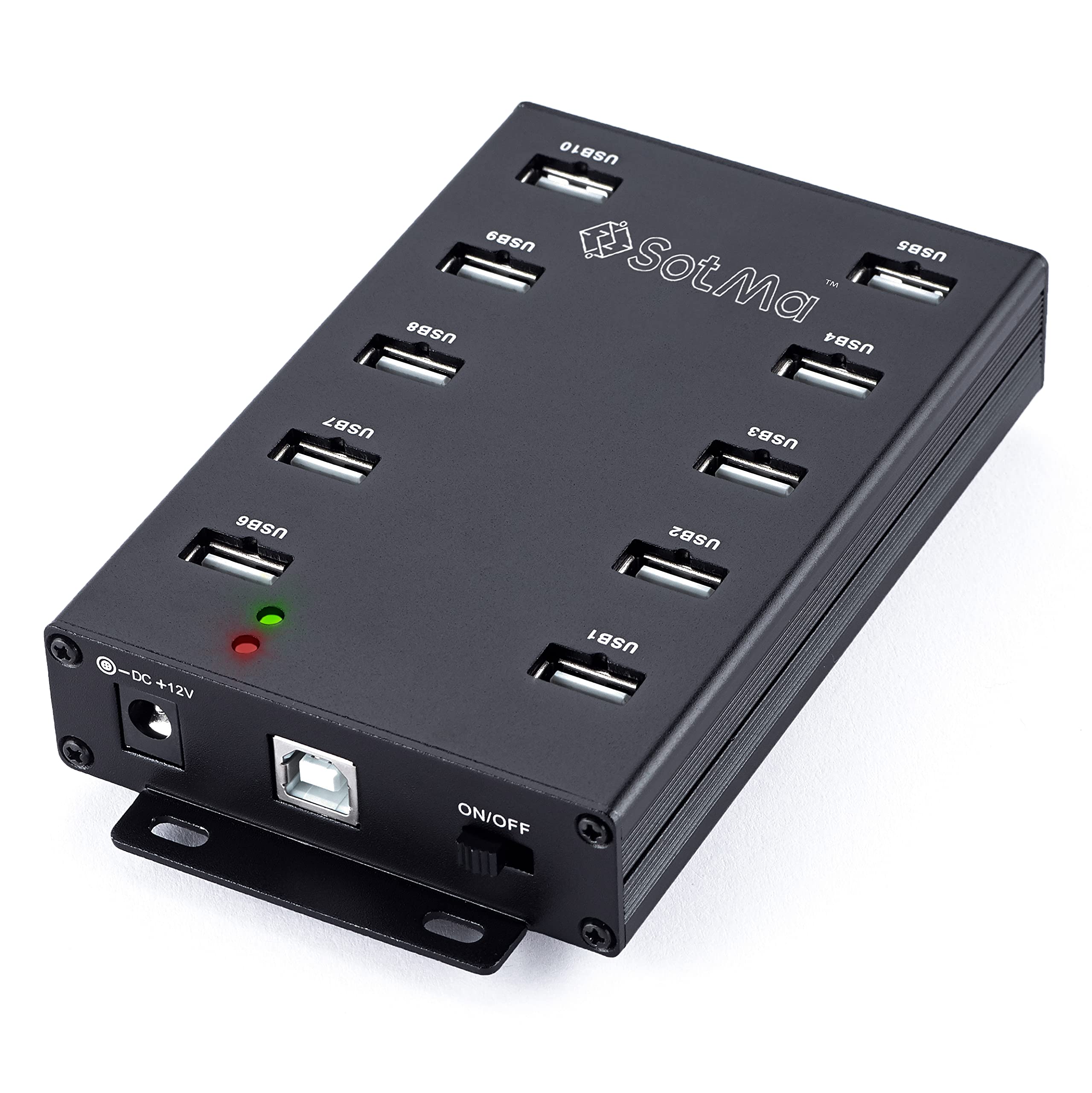 SotMa 10 Port USB 2.0 Hub - USB Hub - Powered USB Hub for Mining - Multiple USB Port Hub - USB Splitter Hub with 12V 5A Power Adapter, LEDs, Mounting Bracket - Black