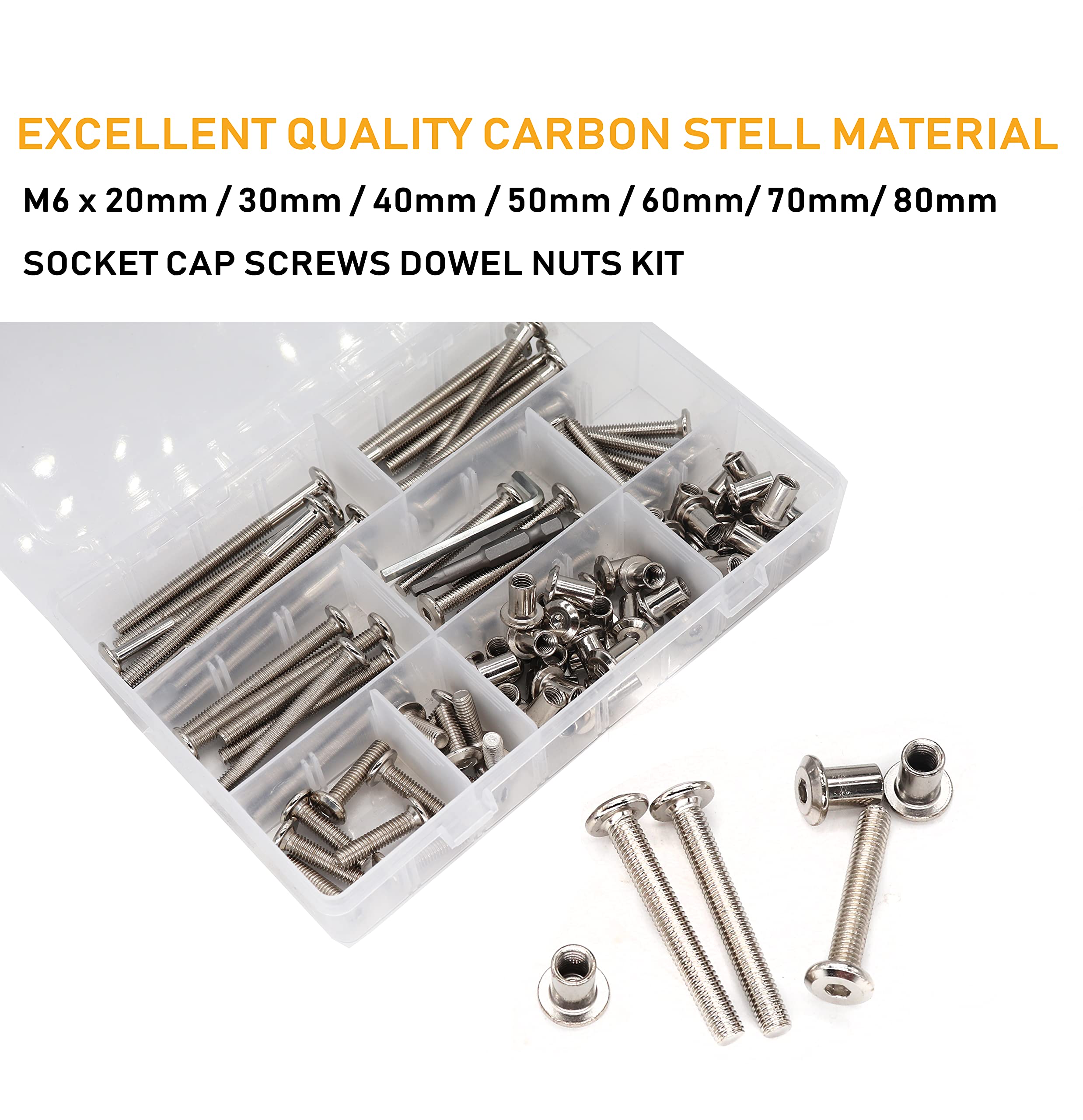 binifiMux 100pcs Rivet Countersunk Hex Socket Cap Bolts and Hex Head Barrel Nuts Assortment Kit for Furnitures Cribs Chairs, M6x20mm/ 30mm/ 40mm/ 50mm/ 60mm/ 70mm/ 80mm,Nickel Plated