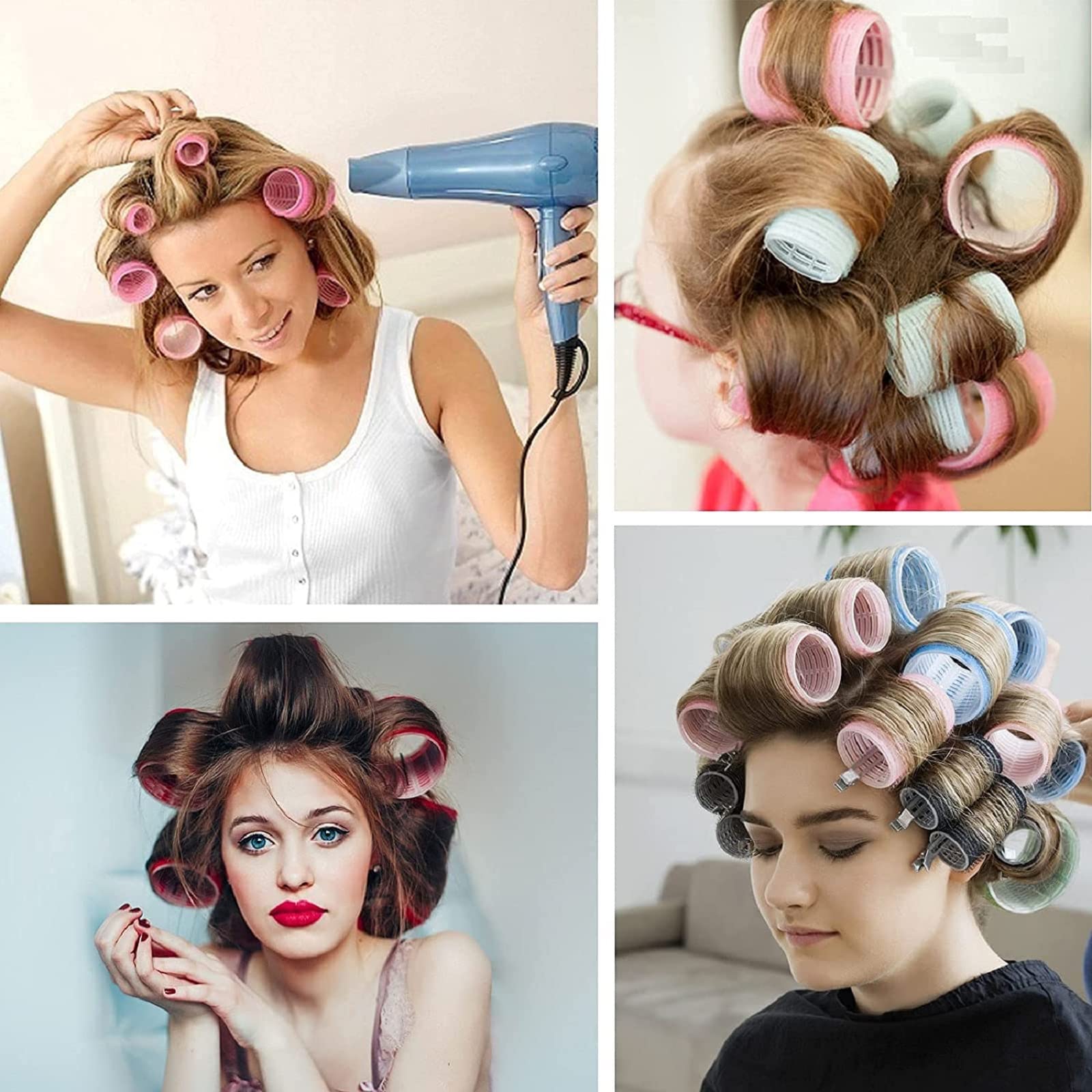 34 Hair Curlers Rollers Set, 4 Size No Heat Hair Roller for Short Medium Long Hair, Include 10 Hair Clips for Women DIY Curly Hairdressing (20/28/36/44mm) Blue
